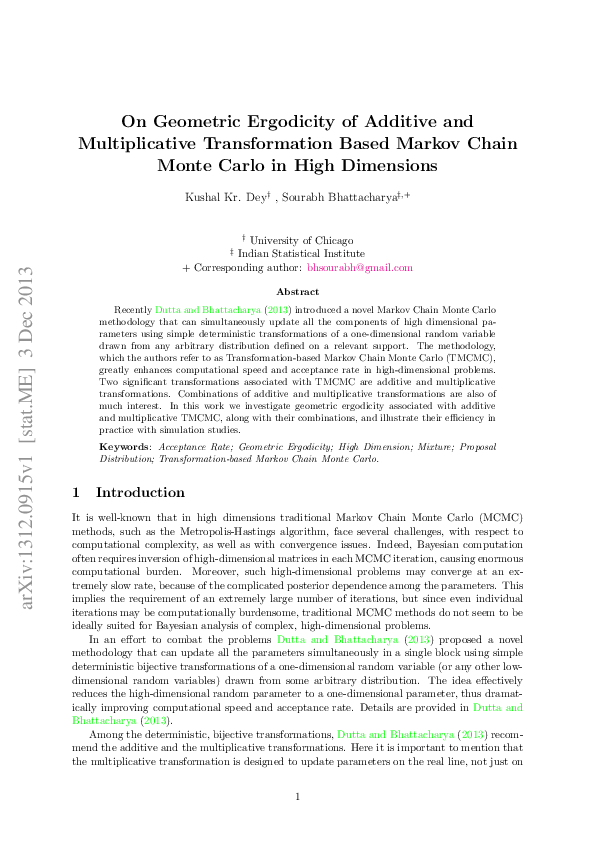 Pdf On Geometric Ergodicity Of Additive And Multiplicative Transformation Based Markov Chain