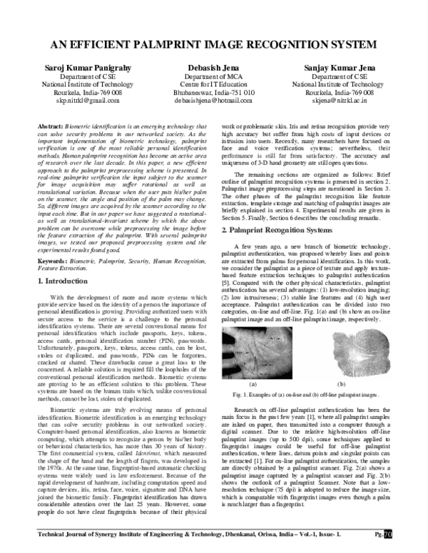 Pdf An Efficient Palmprint Image Recognition System