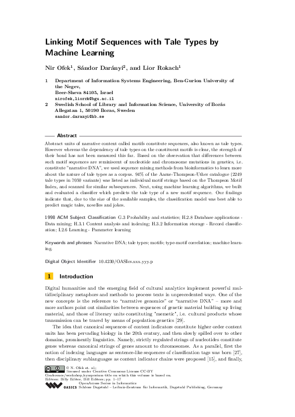 (PDF) Linking Motif Sequences with Tale Types by Machine Learning
