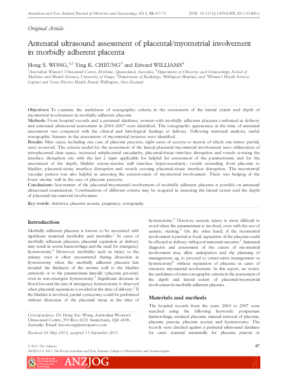 (PDF) Antenatal ultrasound assessment of placental⁄myometrial involvement in morbidly adherent ...