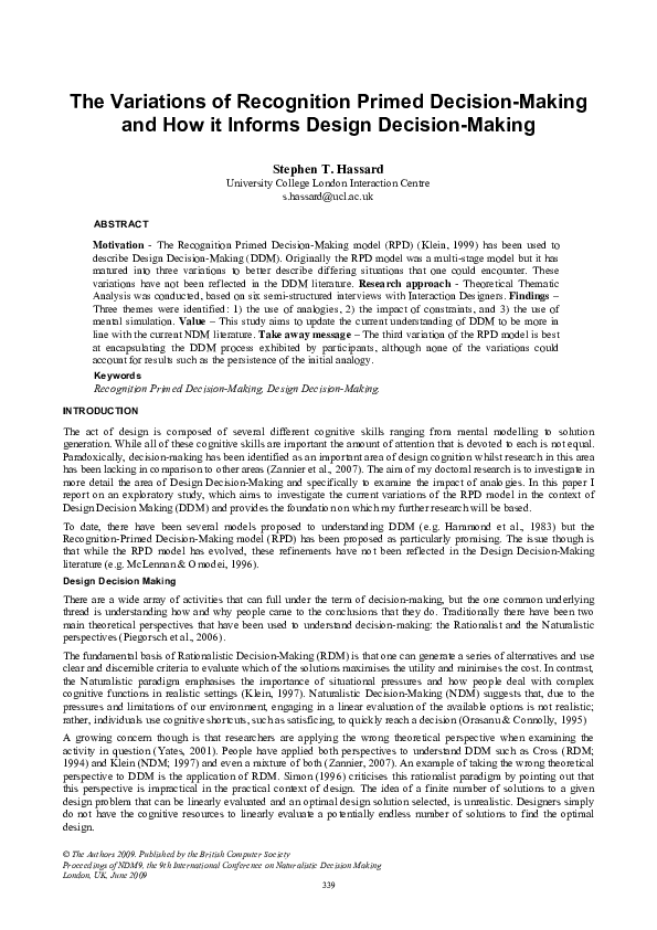 (PDF) The Variations of Recognition Primed Decision-Making and How it ...