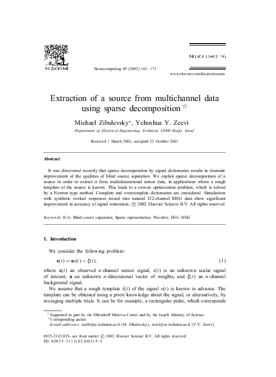 (PDF) Extraction of a source from multichannel data using sparse decomposition
