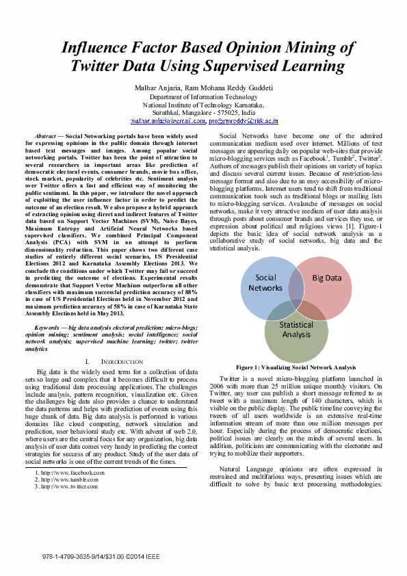 Pdf Influence Factor Based Opinion Mining Of Twitter Data Using Supervised Learning