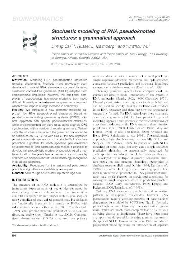 Pdf Stochastic Modeling Of Rna Pseudoknotted Structures A Grammatical Approach
