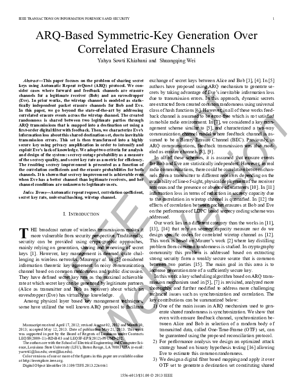 (PDF) ARQ-Based Symmetric-Key Generation Over Correlated Erasure Channels