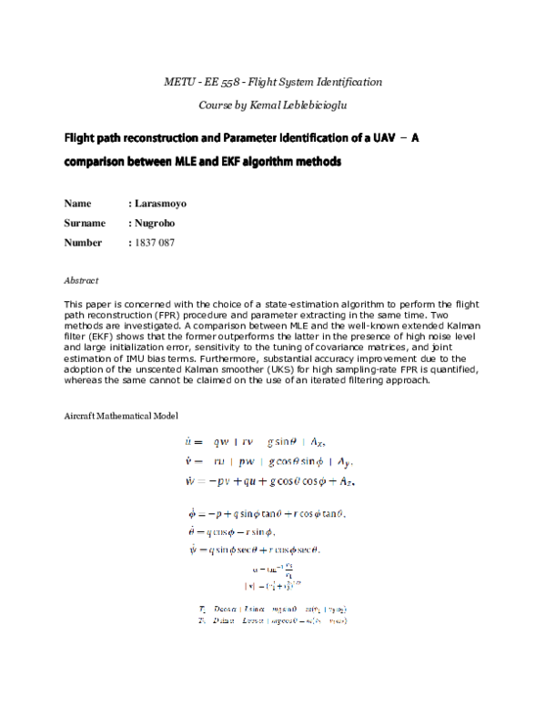 Pdf Flight Path Reconstruction And Parameter Identification Of A Uav A Comparison Between