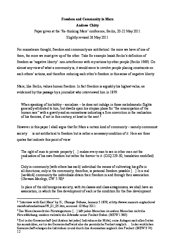 (PDF) Freedom and Community in Marx