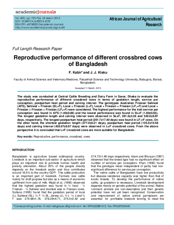 (PDF) Reproductive performance of different crossbred cows of Bangladesh The study was conducted ...