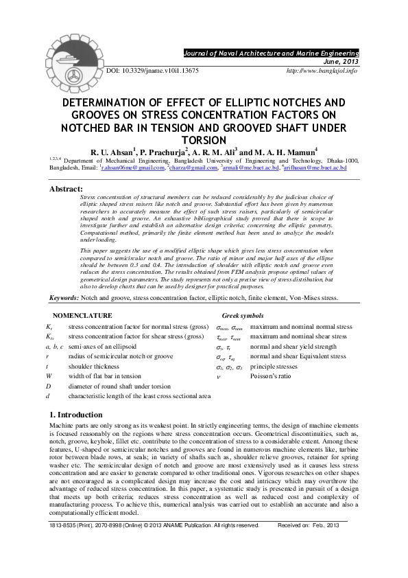 (PDF) DETERMINATION OF EFFECT OF ELLIPTIC NOTCHES AND GROOVES ON STRESS ...