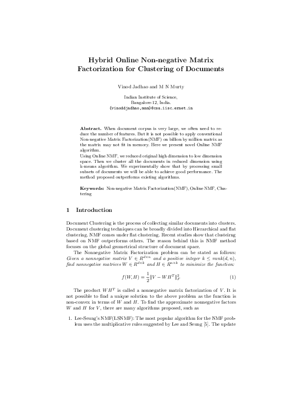 Pdf Hybrid Online Non Negative Matrix Factorization For Clustering Of Documents