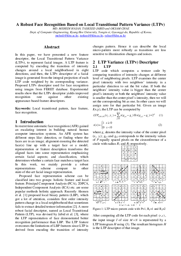 (PDF) A Robust Face Recognition Based on Local Transitional Pattern Variance (LTPv)