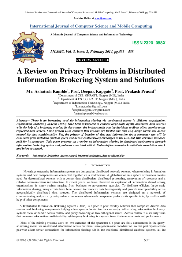 Pdf A Review On Privacy Problems In Distributed Information Brokering System And Solutions﻿
