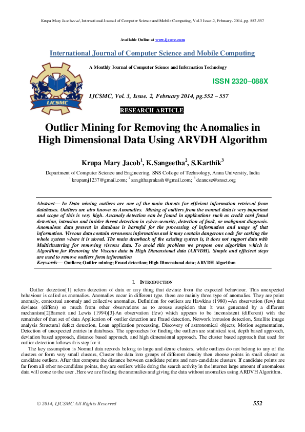 (PDF) Outlier Mining for Removing the Anomalies in High Dimensional Data Using ARVDH Algorithm﻿