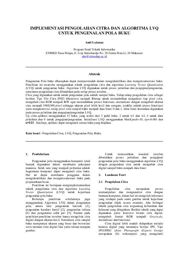 (PDF) Implementasi Pengolahan Citra dan Algoritma LVQ untuk Pengenalan ...