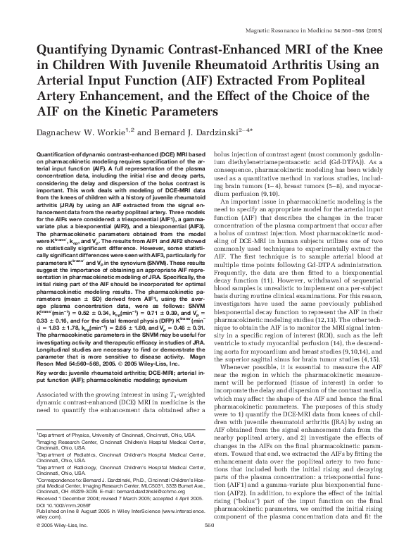(PDF) Quantifying dynamic contrast-enhanced MRI of the knee in children with juvenile rheumatoid ...