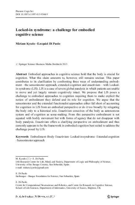 (PDF) Locked-in syndrome: a challenge for embodied cognitive science