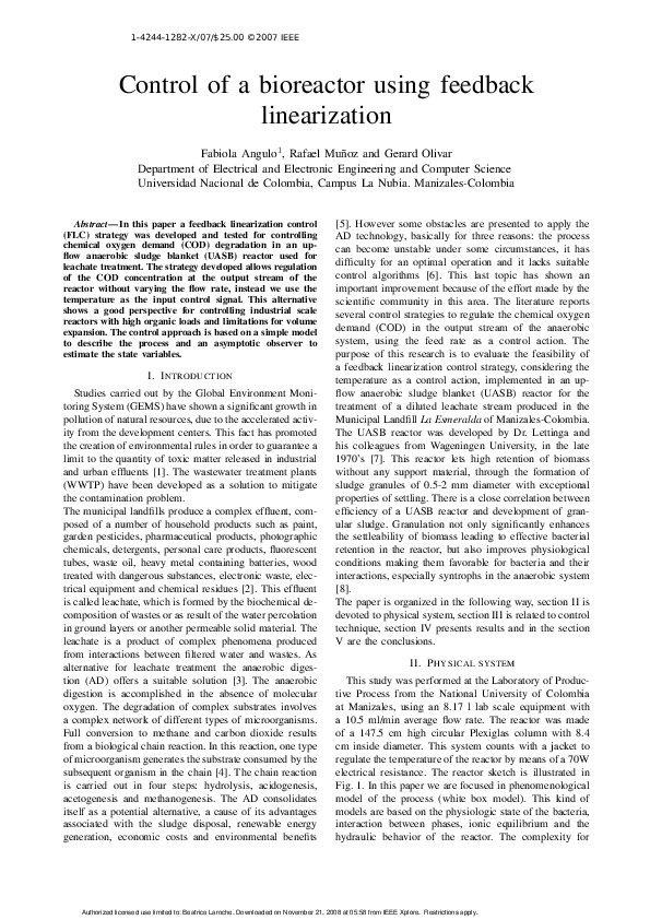 (PDF) Control of a bioreactor using feedback linearization