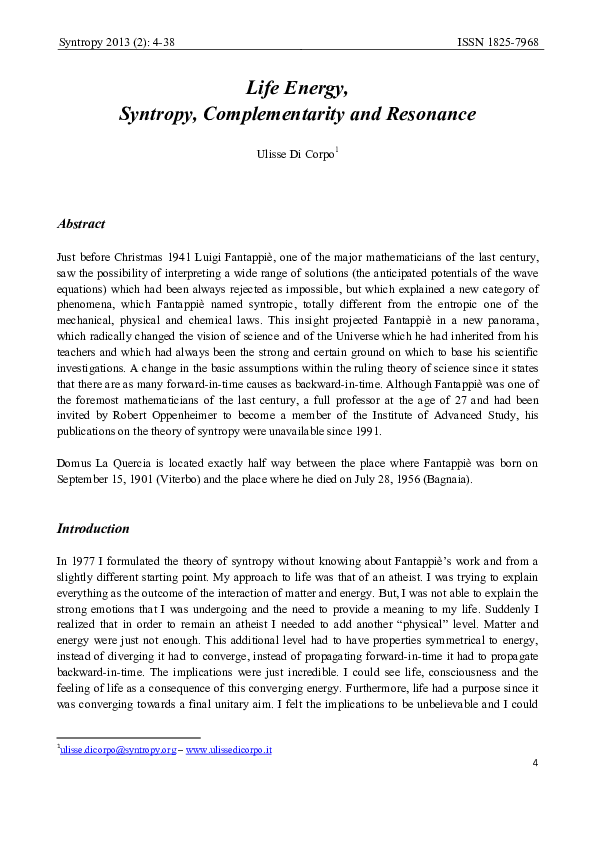 (PDF) 2013-08 Life Energy, Syntropy, Complementarity and Resonance