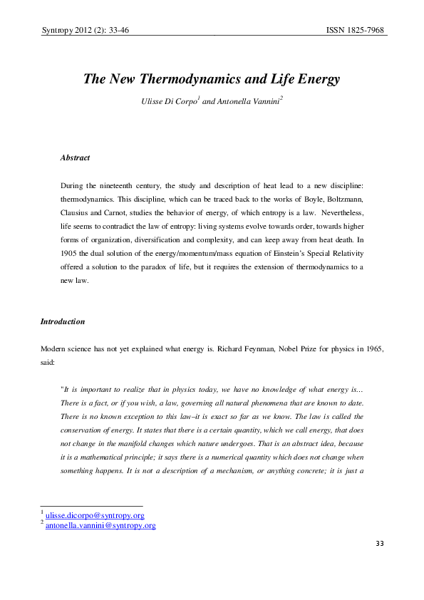 (PDF) 2012-06 Syntropy The New Thermodynamics and Life Energy