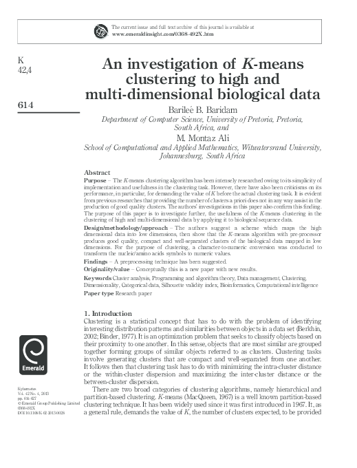 (PDF) An investigation of K-means clustering to high and multi-dimensional biological data
