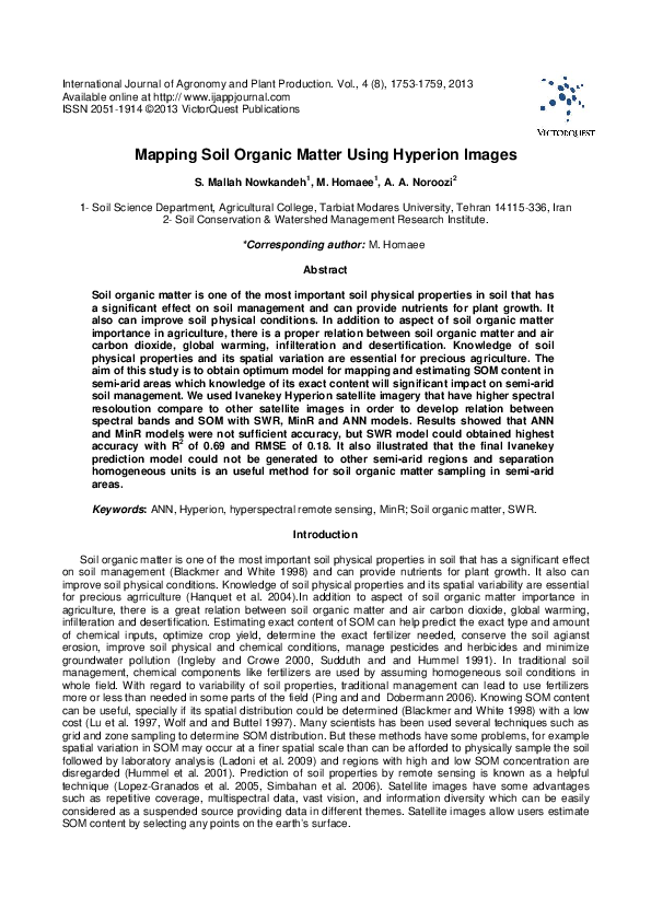 (PDF) Mapping Soil Organic Matter Using Hyperion Images