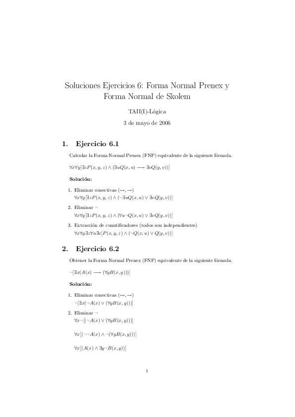 (PDF) Soluciones Ejercicios 6: Forma Normal Prenex y Forma Normal de Skolem
