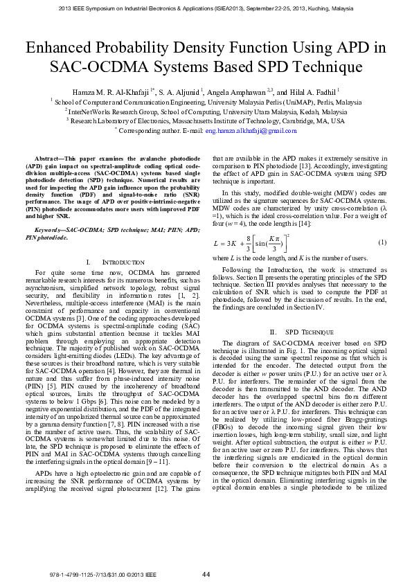 (PDF) Enhanced Probability Density Function Using APD in SAC-OCDMA Systems Based SPD Technique
