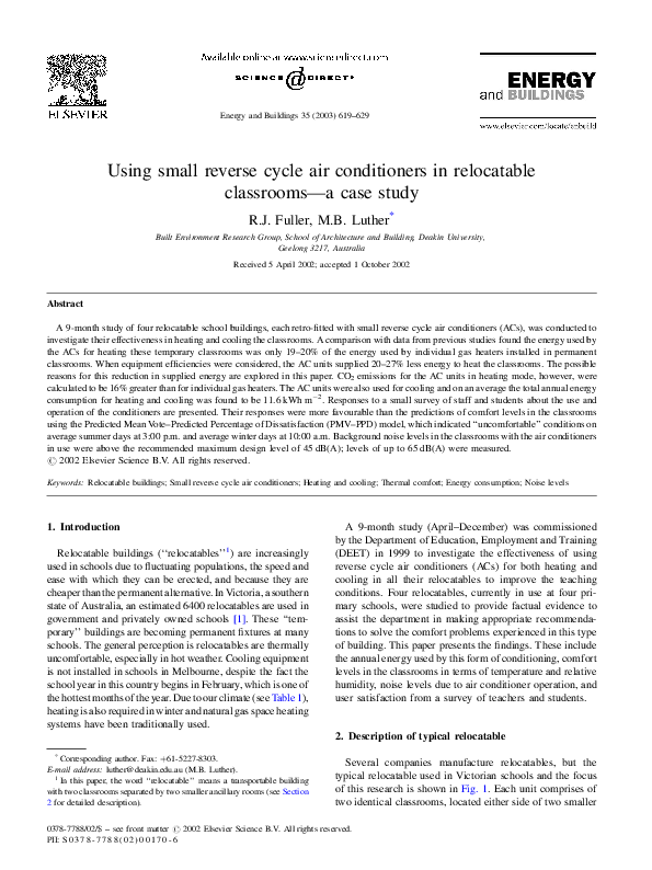 (PDF) Using small reverse cycle air conditioners in relocatable classrooms—a case study