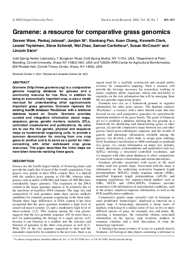 (PDF) Gramene: a resource for comparative grass genomics