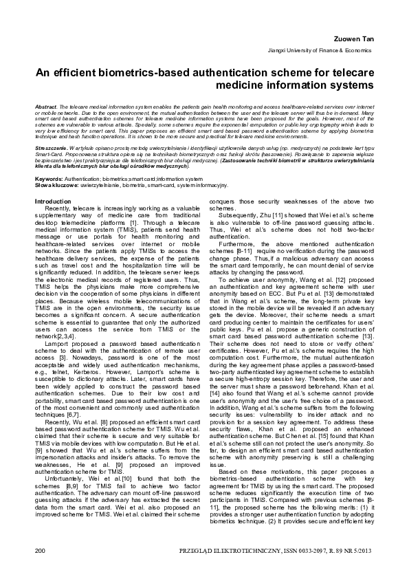 (PDF) An efficient biometrics-based authentication scheme for telecare medicine information systems