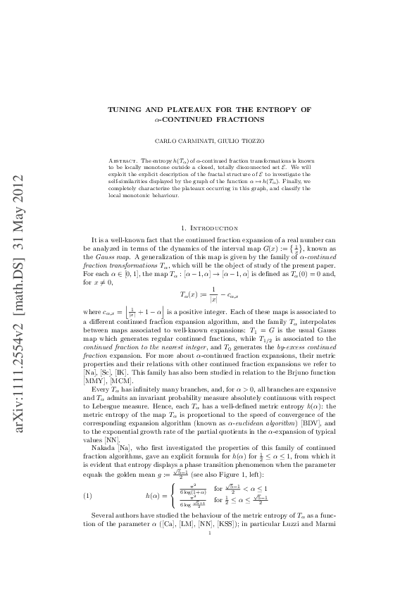 (PDF) Tuning and plateaux for the entropy of $\alpha$-continued ...