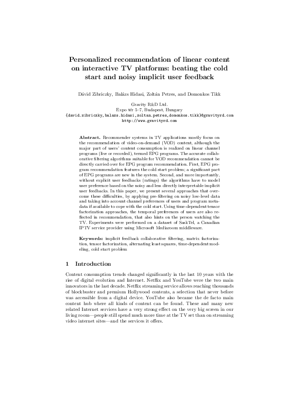 (PDF) Personalized recommendation of linear content on interactive TV platforms: beating the ...