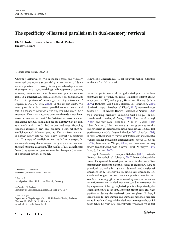 (PDF) The Specificity of Learned Parallelism in Dual Memory Retrieval.