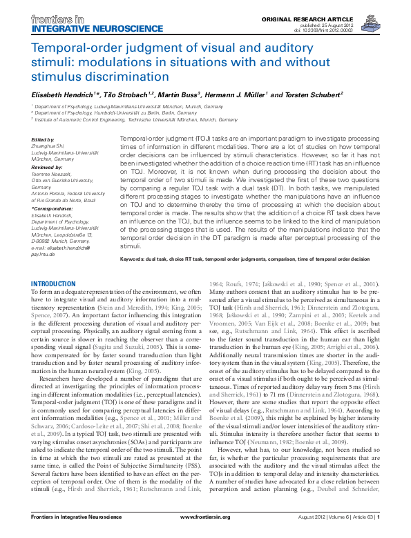 Pdf Temporal Order Judgment Of Visual And Auditory Stimuli Modulations In Situations With And