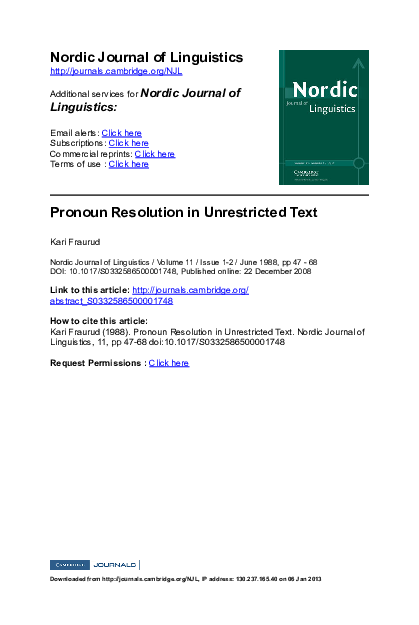 (PDF) Pronoun Resolution in Unrestricted Text | Kari Fraurud - Academia.edu