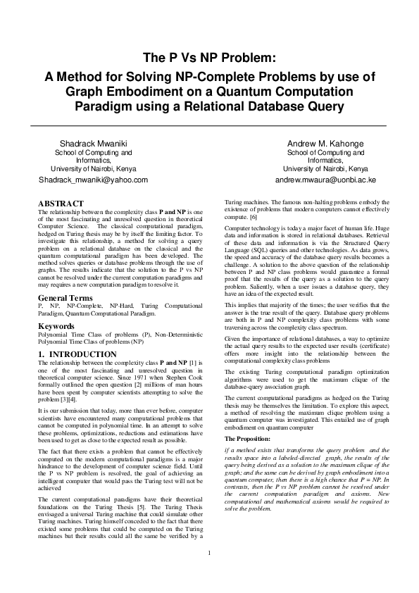 (PDF) The P Vs NP Problem: A Method for Solving NP-Complete Problems by use of Graph Embodiment ...