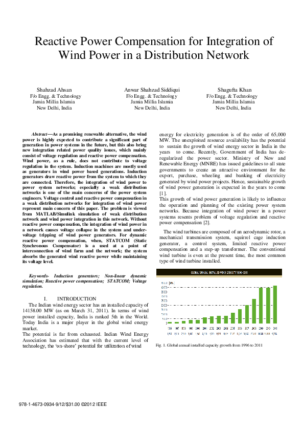 (PDF) Reactive Power Compensation for Integration of Wind Power in a Distribution Network