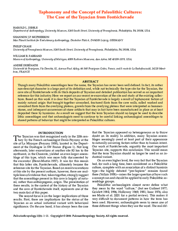 (PDF) Taphonomy and the Concept of Paleolithic Cultures: The Case of ...