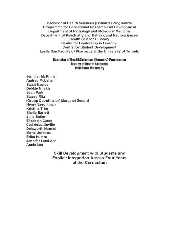 McMaster BHSc - Skill Development Across Four Years of the Curriculum