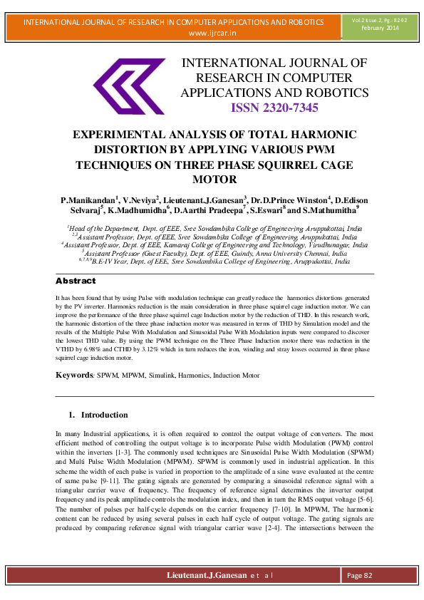 EXPERIMENTAL ANALYSIS OF TOTAL HARMONIC DISTORTION BY APPLYING VARIOUS PWM TECHNIQUES ON THREE ...
