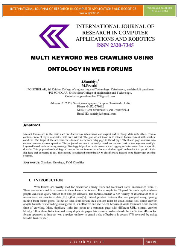 MULTI KEYWORD WEB CRAWLING USING ONTOLOGY IN WEB FORUMS.