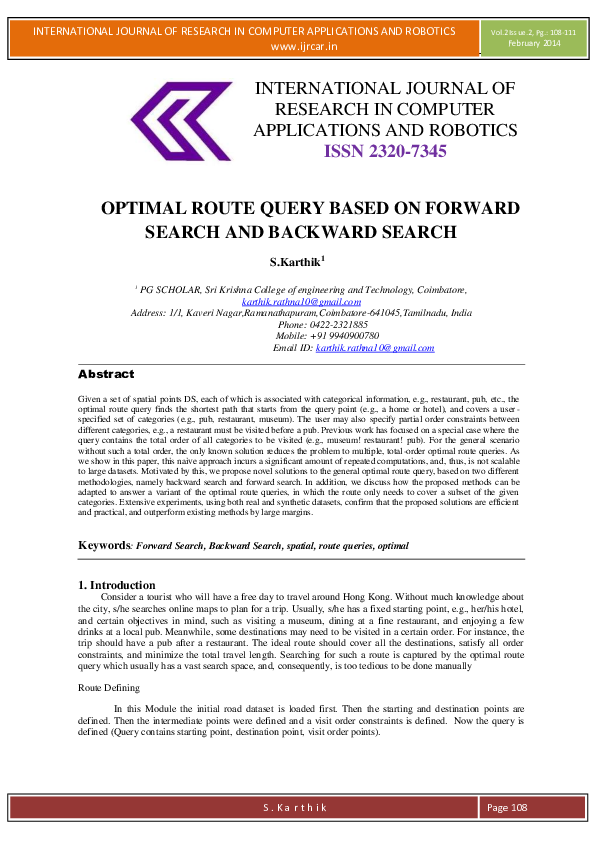 OPTIMAL ROUTE QUERY BASED ON FORWARD SEARCH AND BACKWARD SEARCH.