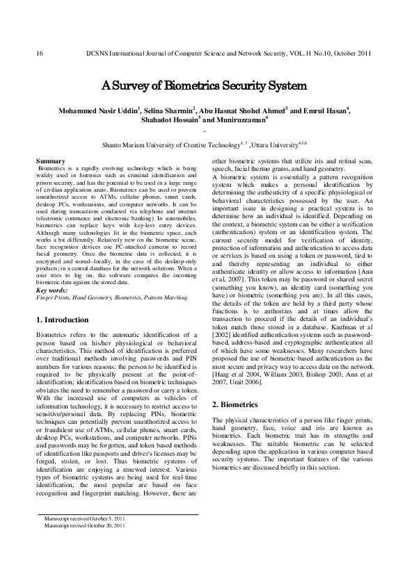 Pdf A Survey Of Biometrics Security System