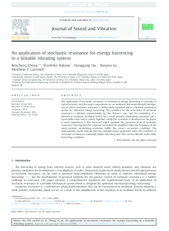 (PDF) An application of stochastic resonance for energy harvesting in a bistable vibrating system