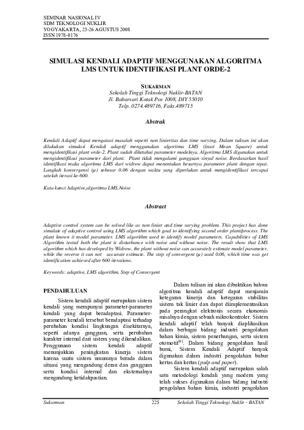 (PDF) SIMULASI KENDALI ADAPTIF MENGGUNAKAN ALGORITMA LMS UNTUK ...