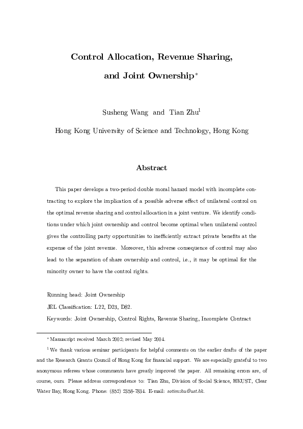 (PDF) Control Allocation, Revenue Sharing, and Joint Ownership