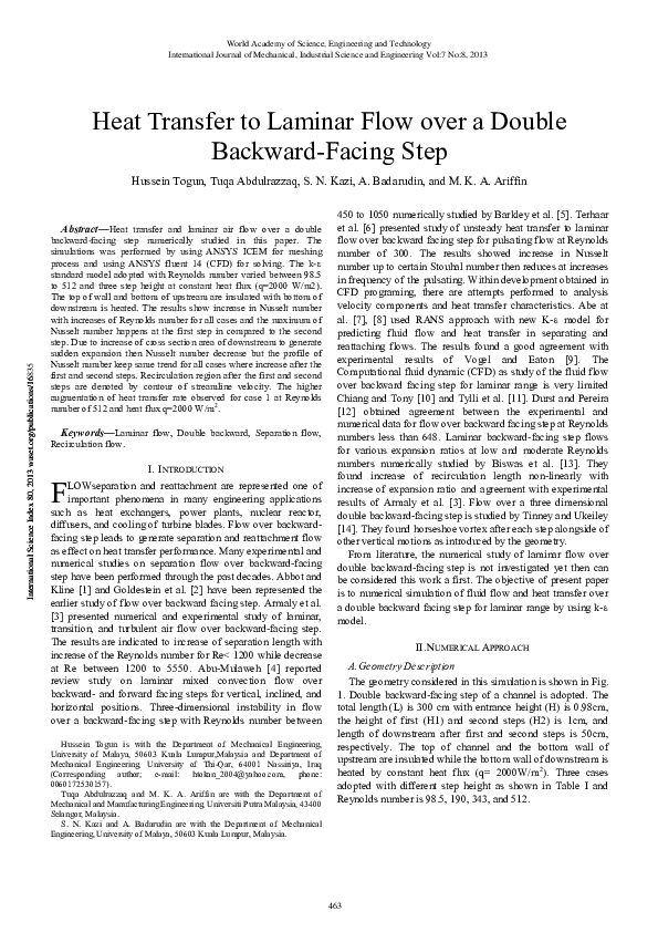 (PDF) Heat Transfer to Laminar Flow over a Double Backward-Facing Step