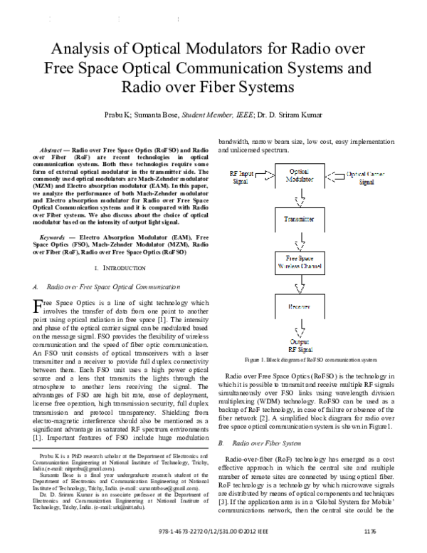 (PDF) Analysis of optical modulators for Radio over Free Space Optical Communication systems and ...