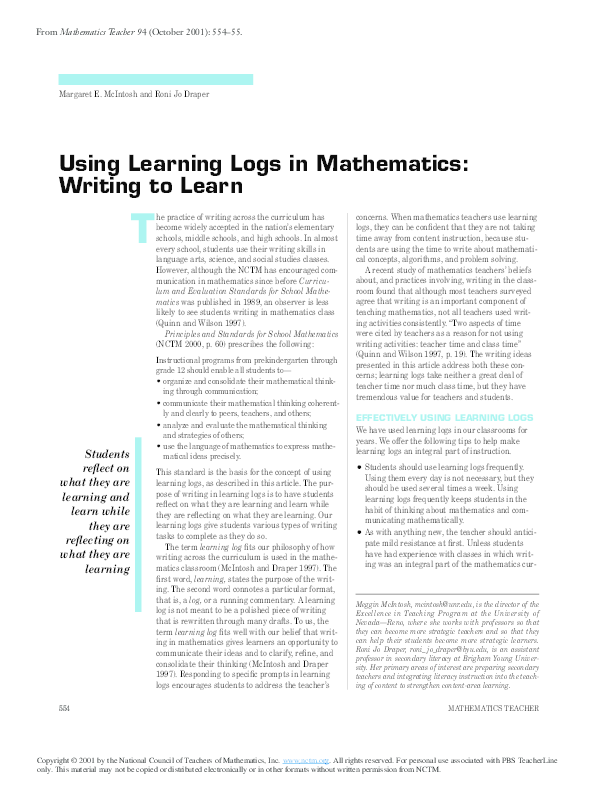 (PDF) Using learning logs in mathematics: Writing to learn