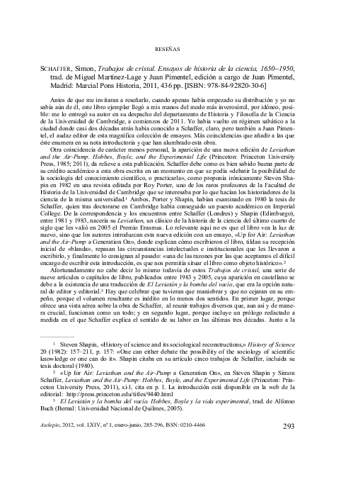 (PDF) Simon Schaffer, Trabajos de cristal. Ensayos de historia de la ...
